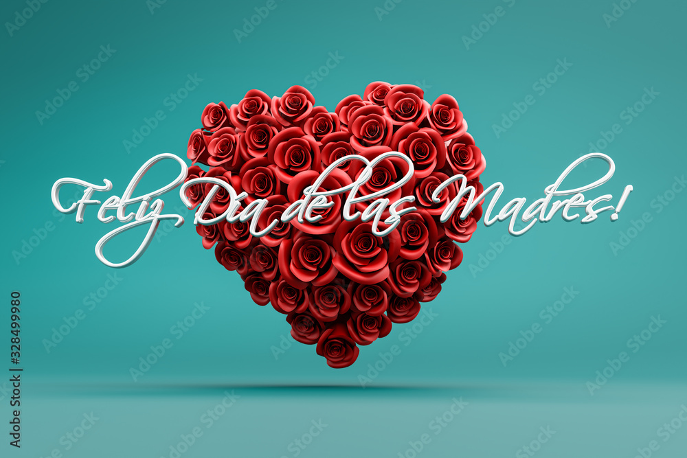 3d rendering: A heart of red roses in front of a turquoise background ...