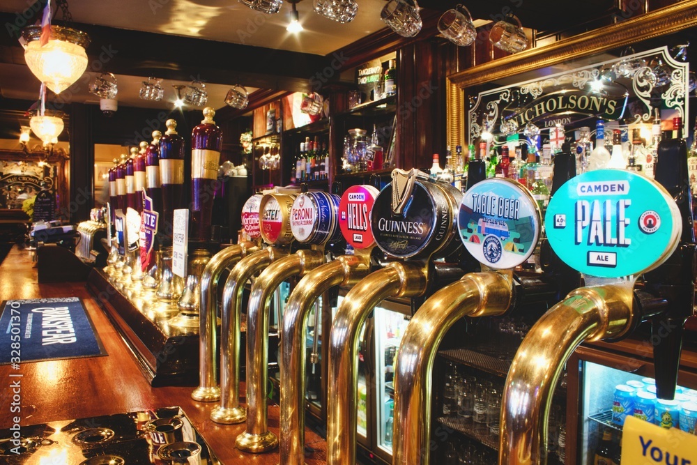 Oxford, UK - 02 March 2020: Rows of draught beer in a typical British ...