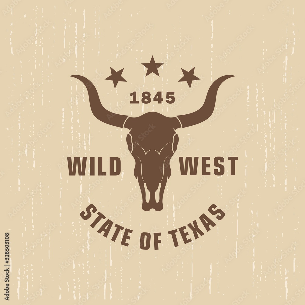 Color illustration of a buffalo skull, stars and text on a background ...