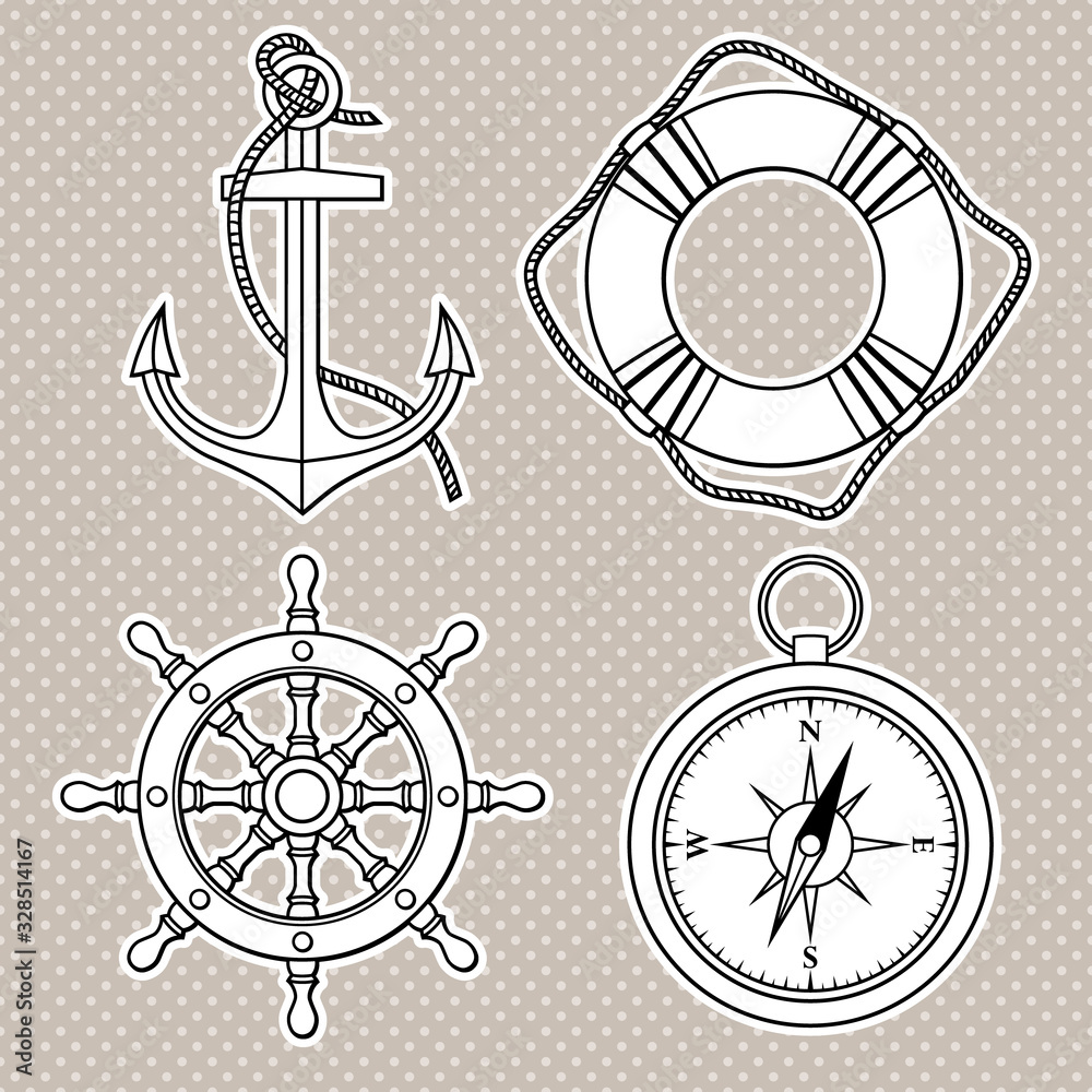Vector set with isolated anchor, lifebuoy, ship's wheel, compass Stock ...