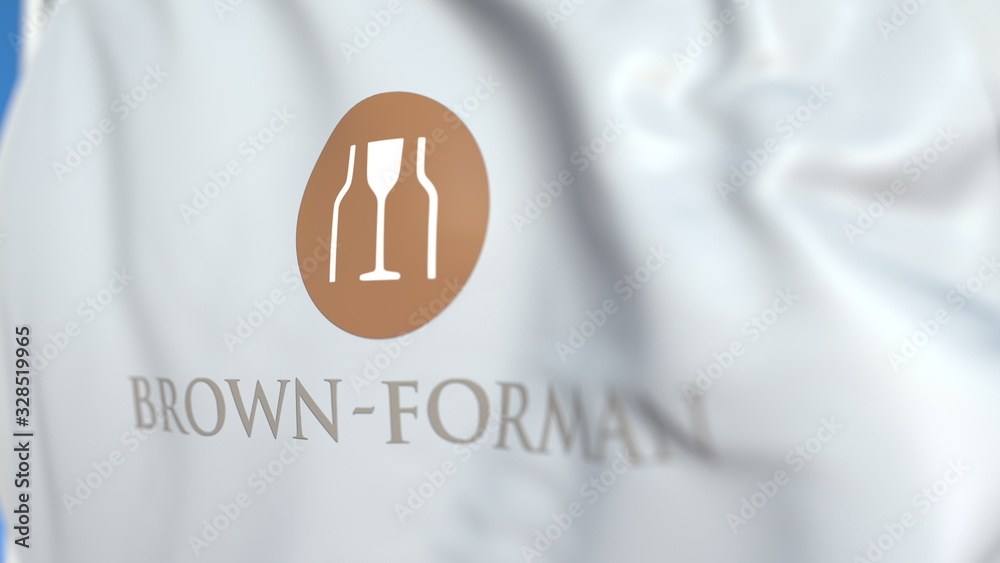 Flying flag with Brown-Forman Corporation logo, close-up. Editorial 3D ...