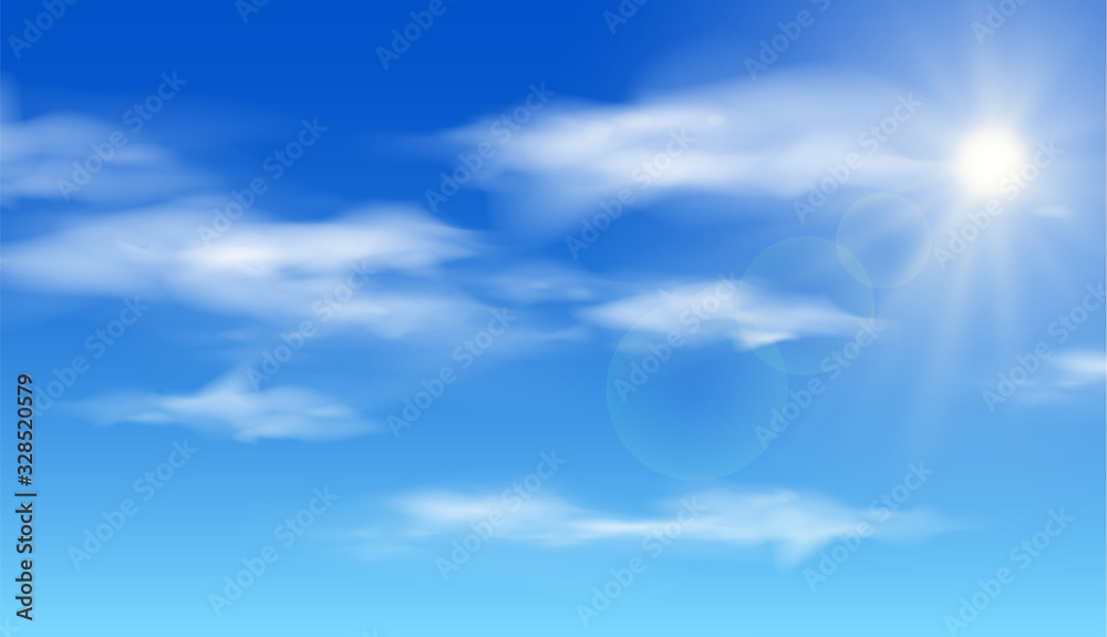 Realistic shining sun with lens flare. Blue sky with clouds. Vector ...