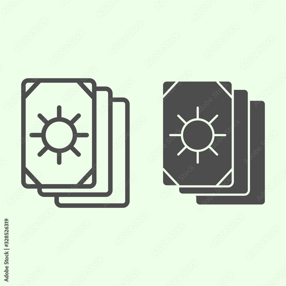 Tarot cards line and solid icon. Oracle card stack with sun circle ...