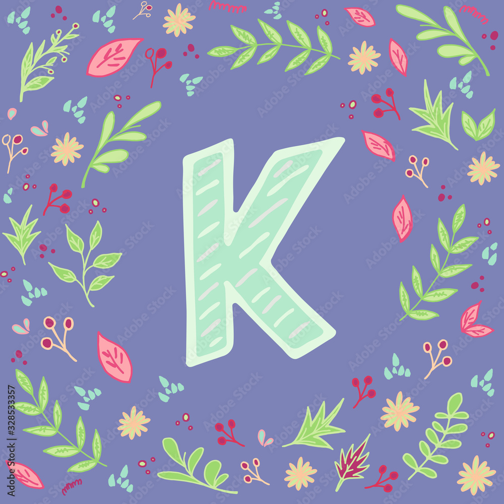 K letter. Handwritten english letter with stripes. Floral frame around ...
