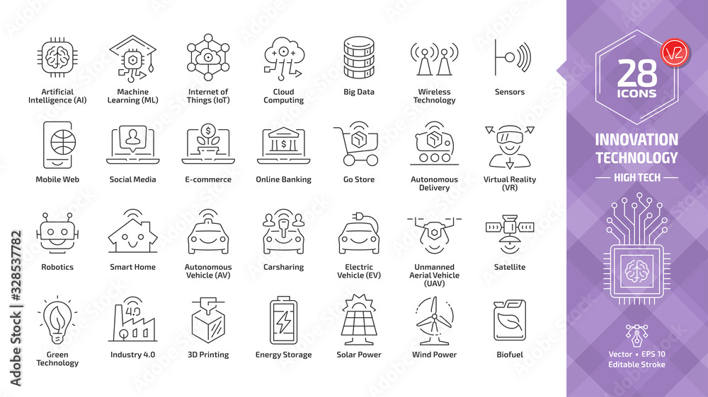 Innovation technology outline icon set with high tech digital smart ...