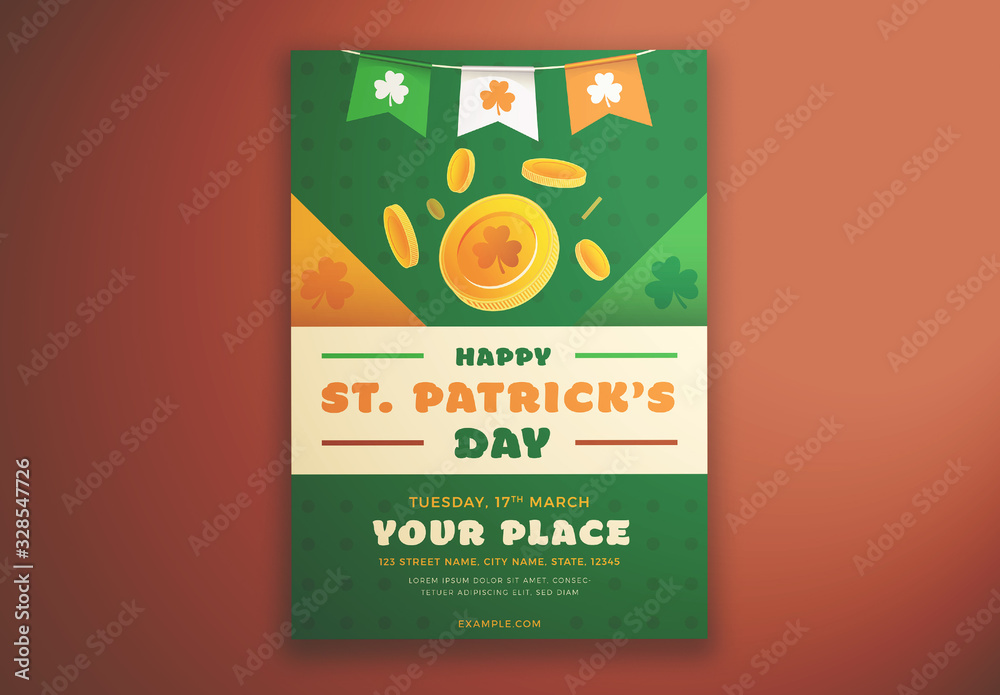 St. Patrick's Day Flyer Layout with Coins and Flag Elements Stock ...