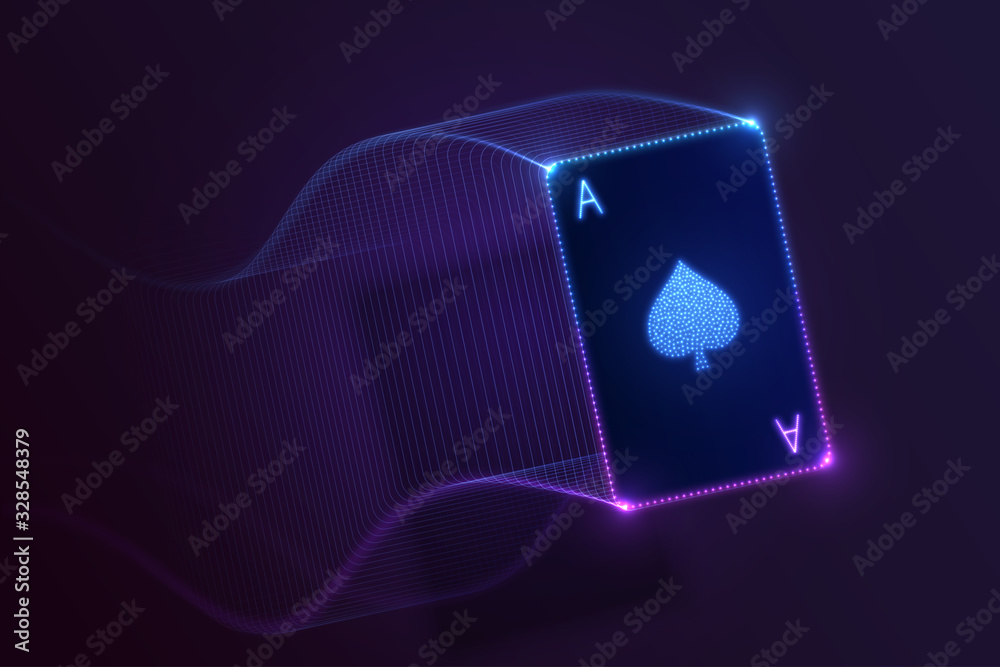 Ace of spades flying, glowing neon card with lights. Vector design ...