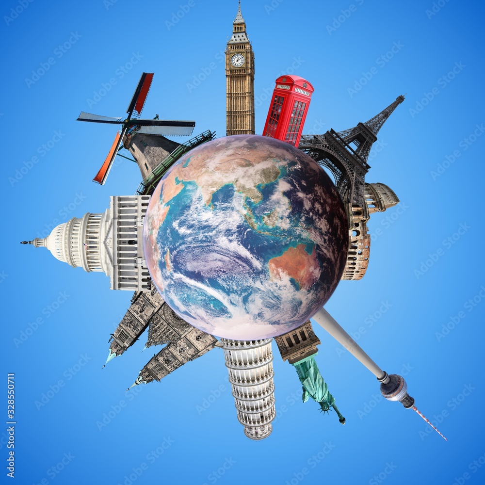 Travel the world - globe landmarks. Parts of image provided by NASA ...
