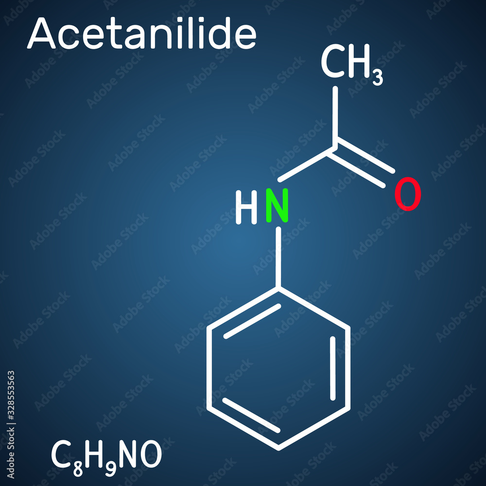 Acetanilide, C8H9NO, drug molecule. It has analgesic and fever-reducing ...