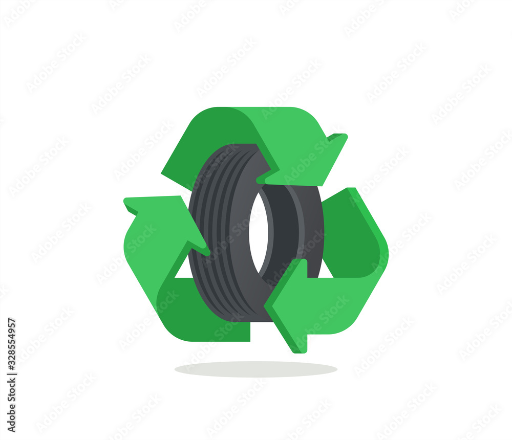 Car tire recycle concept. Green recycle symbol with tyre. Vector ...
