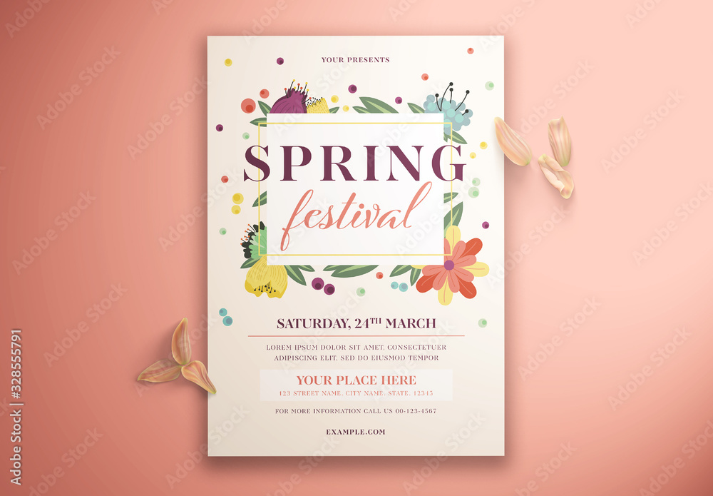 Spring Festival Flyer Layout with Floral Elements Stock Template ...