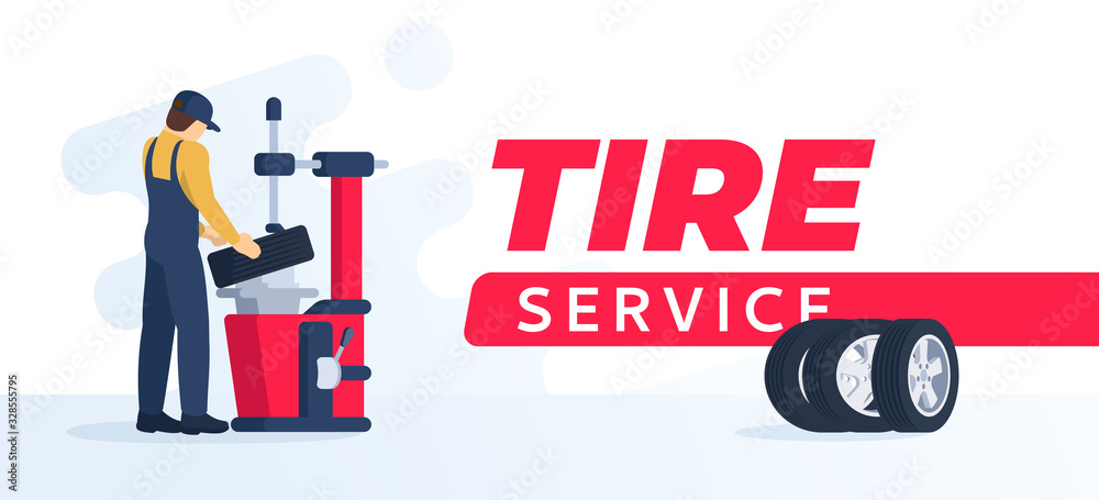 Tire service concept. Сar mechanic doing their work. Vector ...