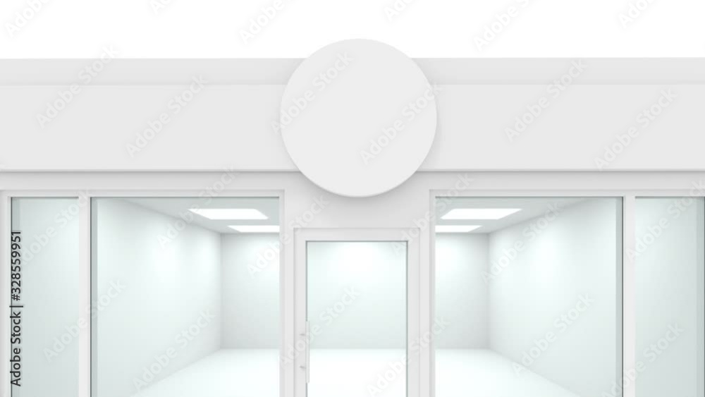 Front view on facade store, motion graphic. White Storefront blank ...
