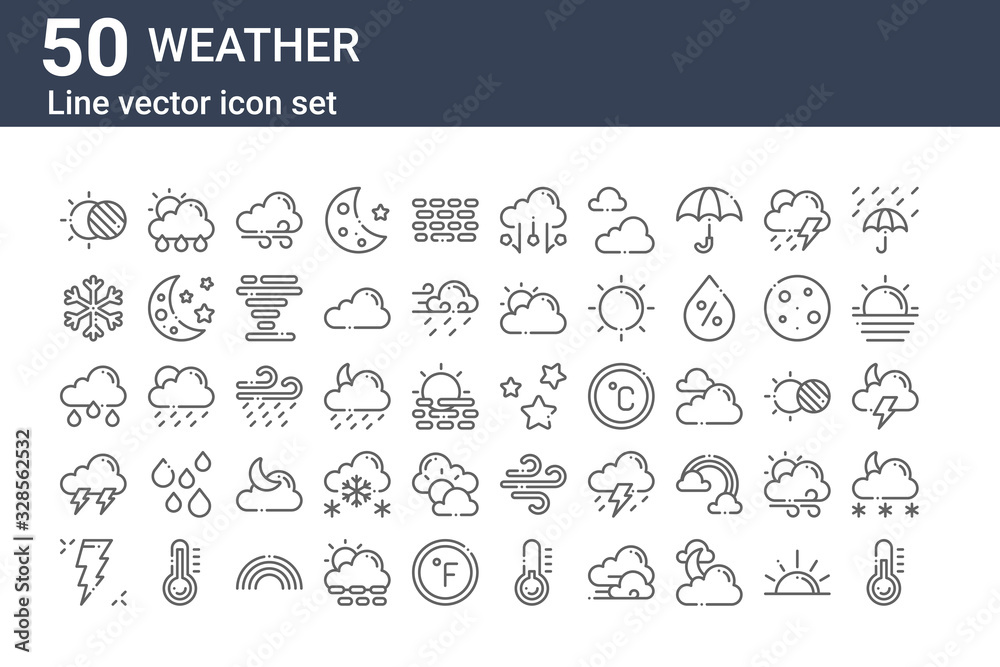 set of 50 weather icons. outline thin line icons such as thermometer ...