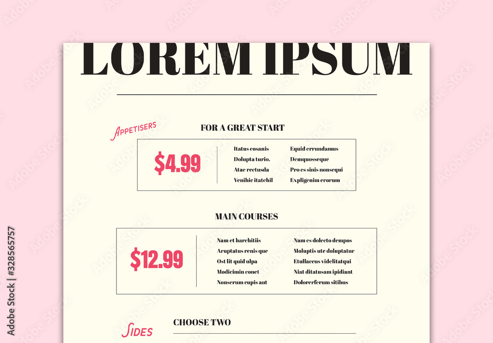 Pale Yellow Menu Layout with Pink Accents Stock Template | Adobe Stock