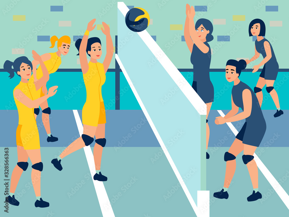 Women volleyball competitions. In minimalist style. Cartoon flat vector ...