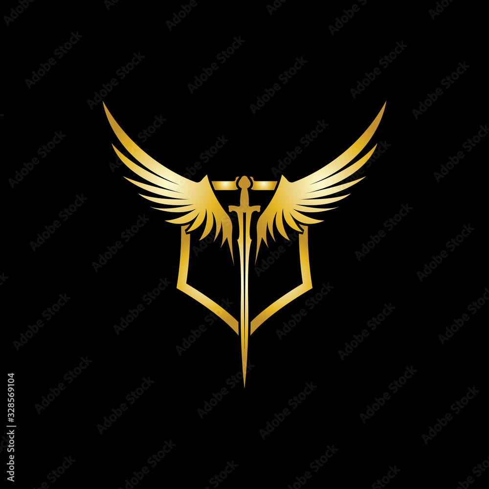 Gold winged sword with shield vector icon. Stock Vector | Adobe Stock
