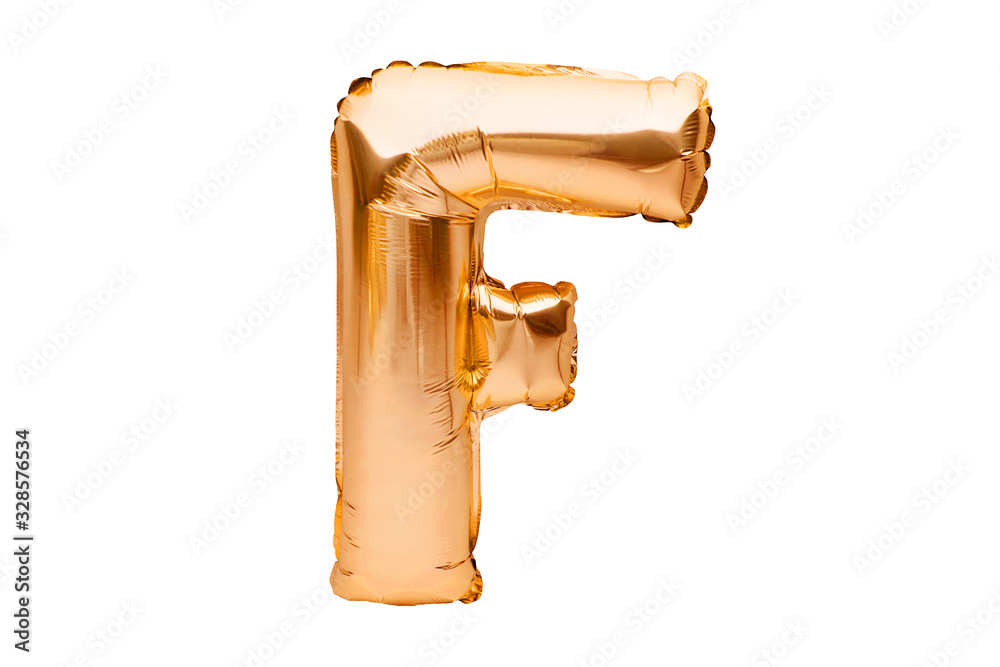 Letter F made of golden inflatable helium balloon isolated on white ...