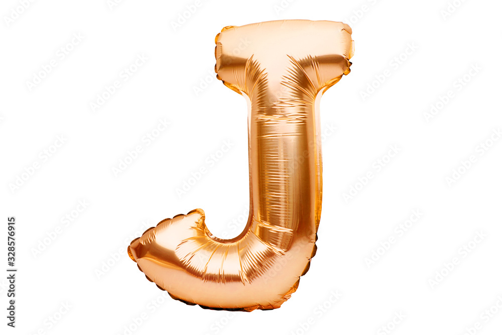 Letter J made of golden inflatable helium balloon isolated on white ...