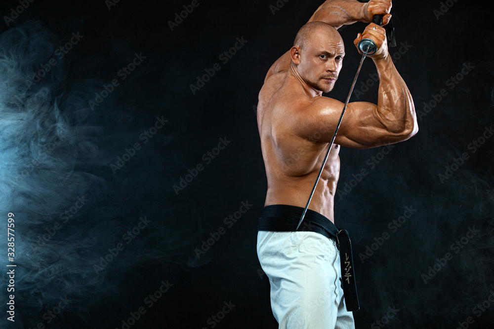 Karate fighter on black background with smoke. Shirtless man samurai ...