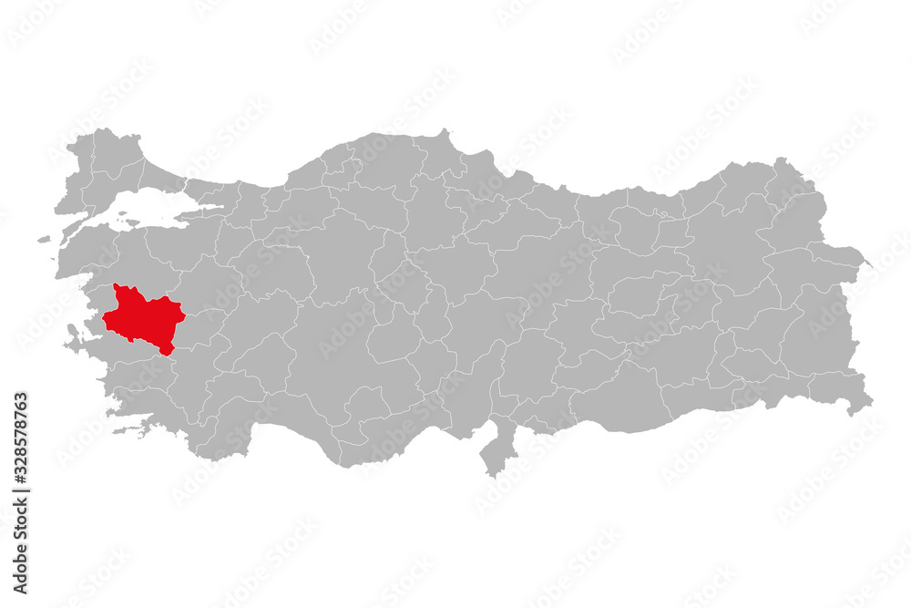 Manisa province highlighted red color on turkey map vector. Gray ...