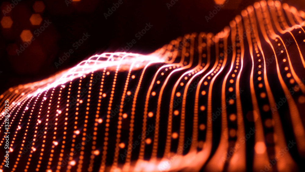 abstract sci-fi background with glow particles form curved lines ...