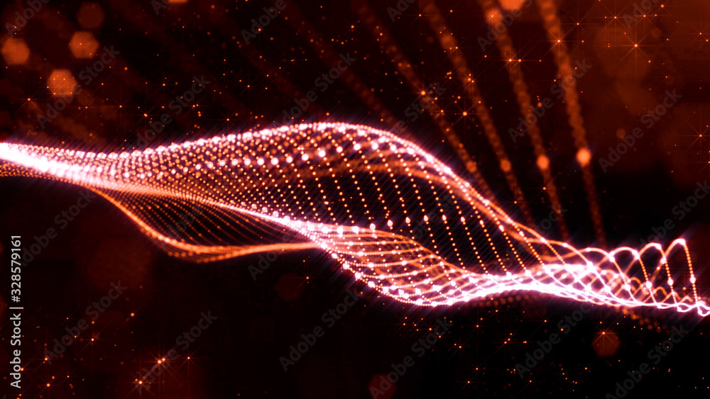 abstract sci-fi background with glow particles form curved lines ...