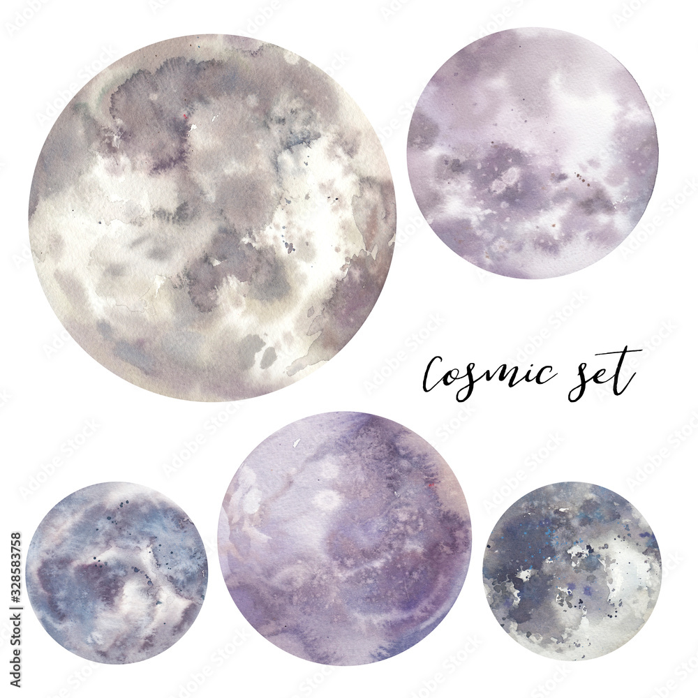 Watercolor cosmic set. Hand drawn moon collection. Various space ...