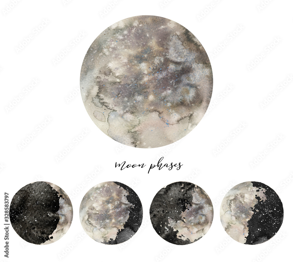 Watercolor moon phases set. Hand drawn elements collection. Various ...
