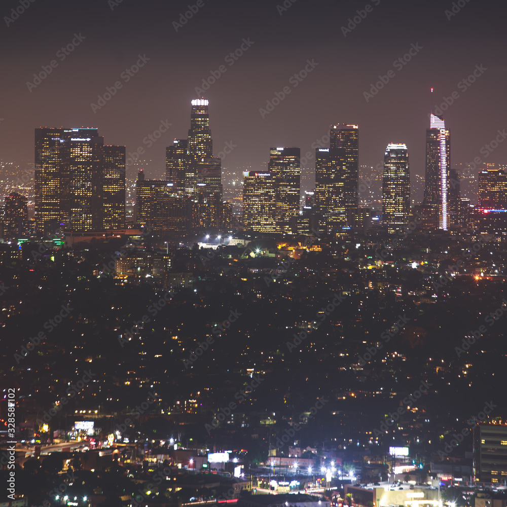 Beautiful super wide-angle night aerial view of Los Angeles, California ...
