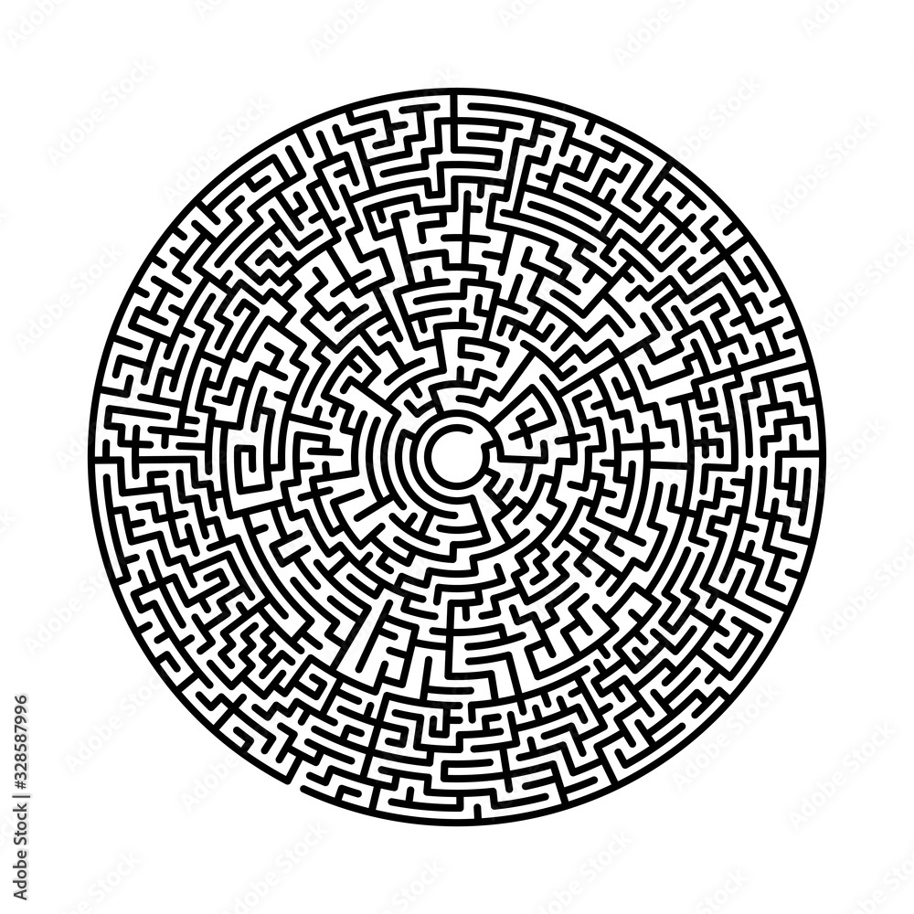 Difficult circle maze. Hard round vector labirinth. Vector black circle ...
