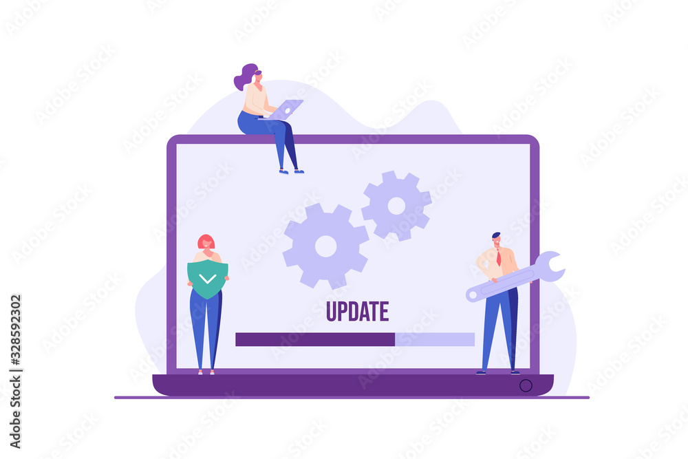 People updating operation system with progress bar. Software upgrade ...