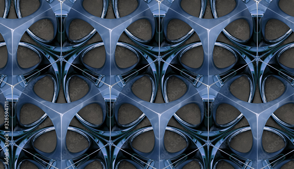 3D wallpaper futuristic blue chrome metal grid on gray stucco ...