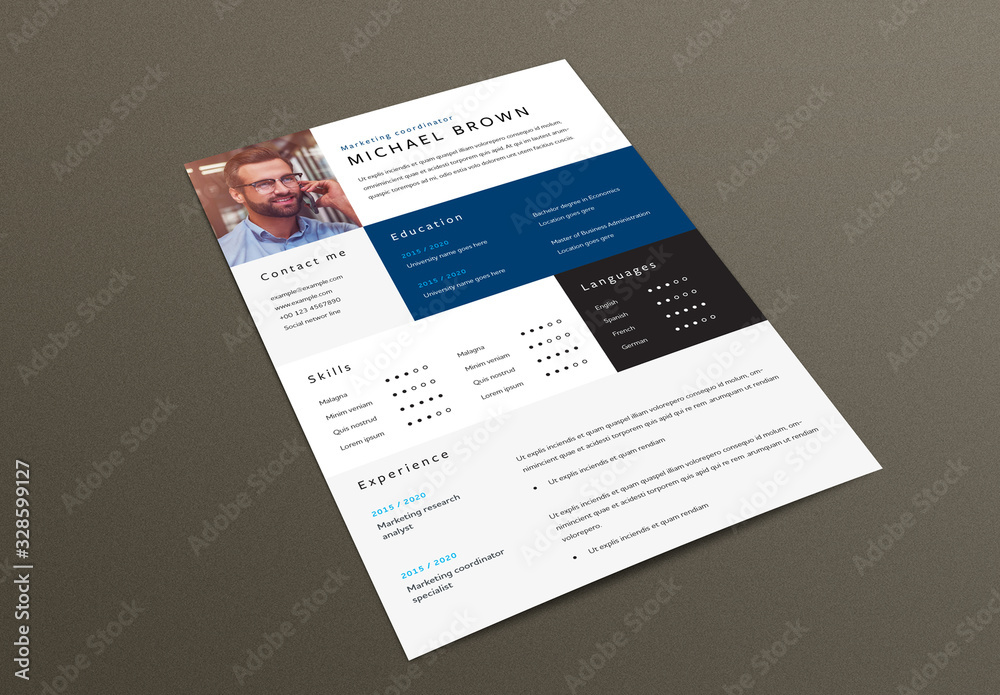 Resume Layout with Blue Colorblock Element and Accents Stock Template ...