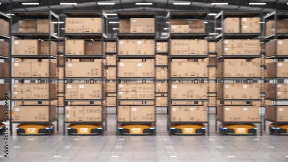 Row of autonomous robots move shelves or racks with cardboard boxes in ...