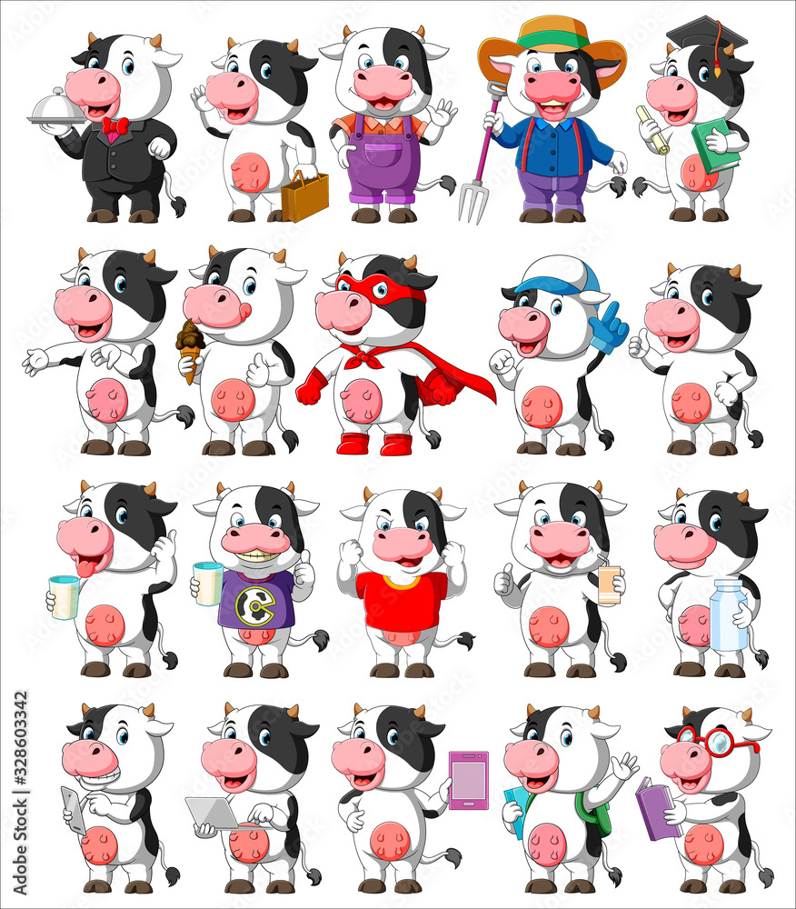 Cute cow cartoon mascot pack Stock Vector | Adobe Stock