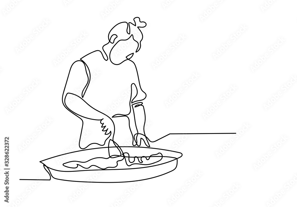 continuous line drawing of chef prepares food in the kitchen Stock ...