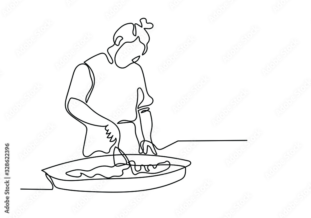 continuous line drawing of chef prepares food in the kitchen Stock ...