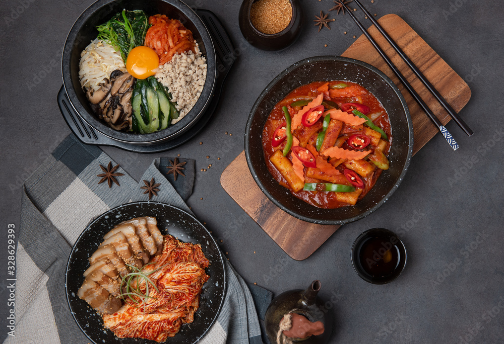 Combo Set of Korean food. Bibimbap (Mixed rice),Tteok-bokki (Stir-fried ...