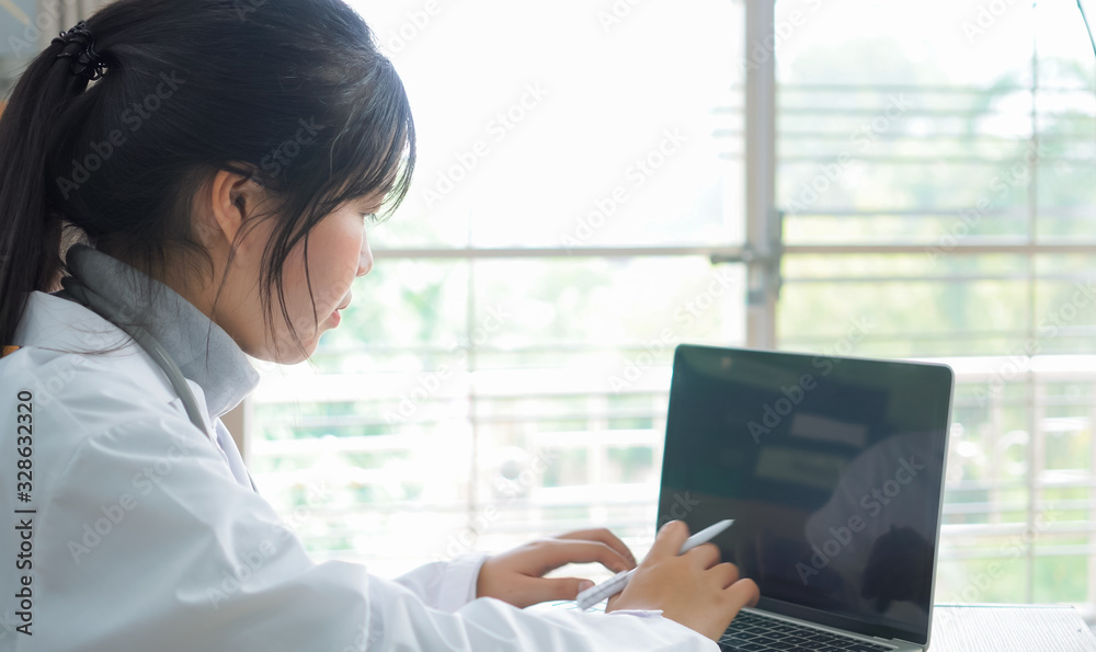 Healthcare and doctor's medical document file concept, Asian Doctor working with stethoscope ...