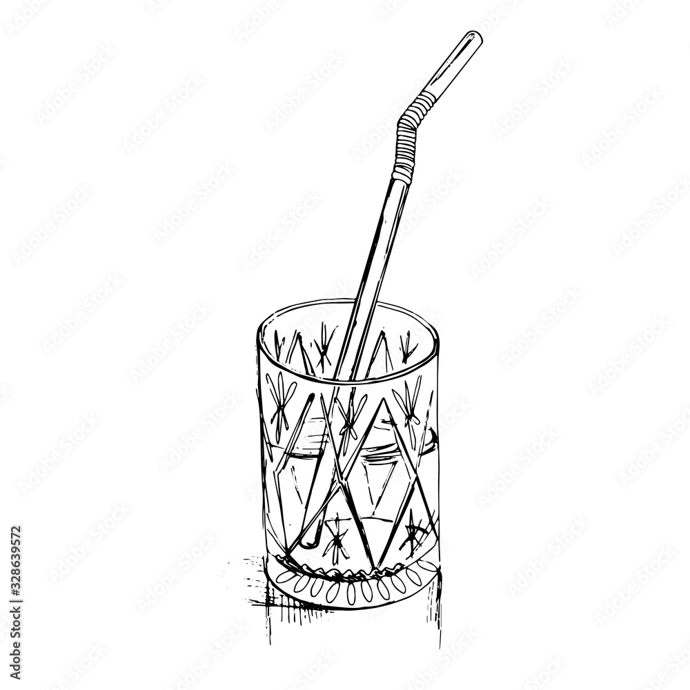 Vector sketch of a glass with a cocktail straw, black and white outline ...