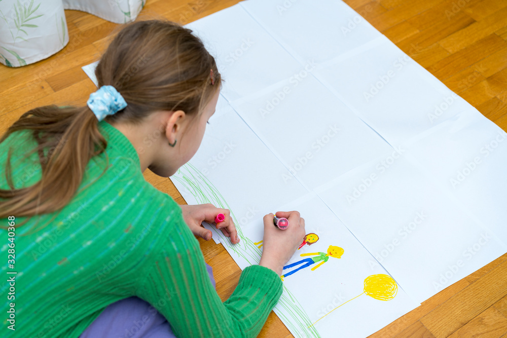 Adorable little girl drawing artwork top view on floor, Baby healthy ...
