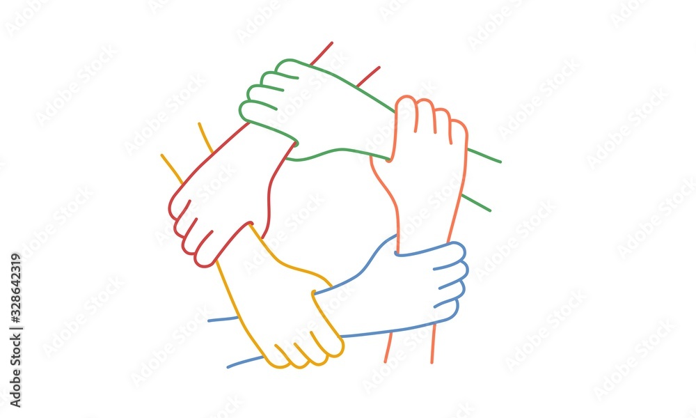 Teamwork. Five United Hands. Line drawing vector illustration. Stock ...