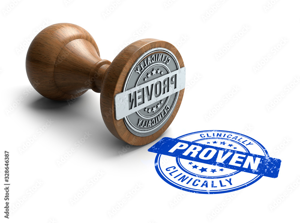 Clinically Proven stamp. Wooden round stamper and stamp with text ...