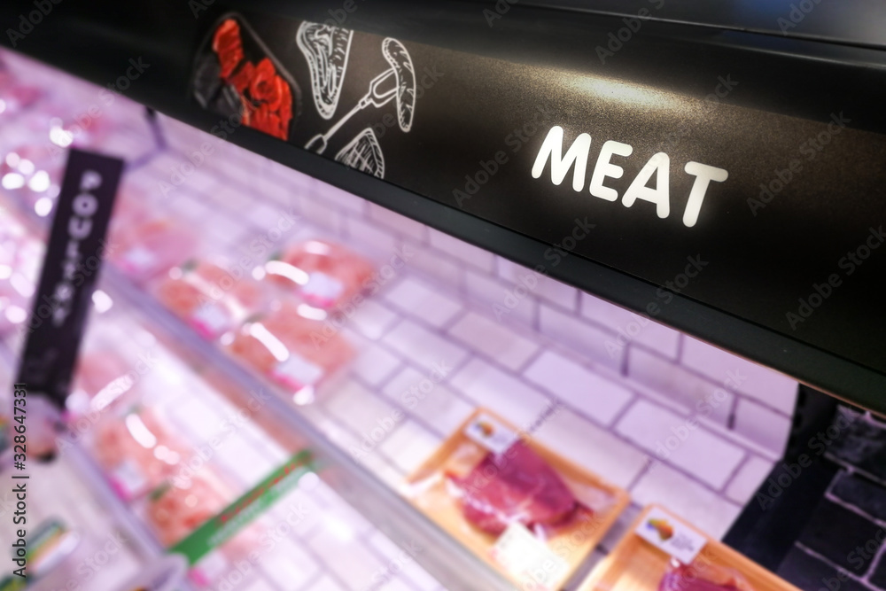 Meat signage at the poultry produce section of supermarket with ...