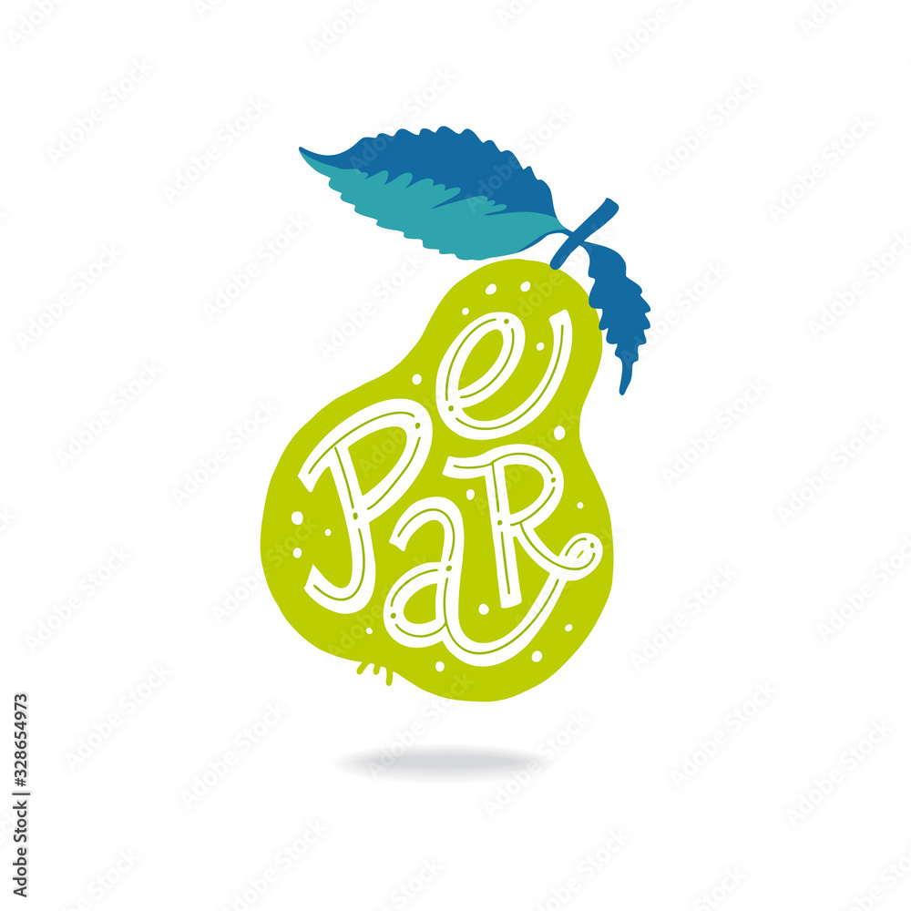 Pear Lettering- Hand-drawn vector cartoon flat illustration on an ...