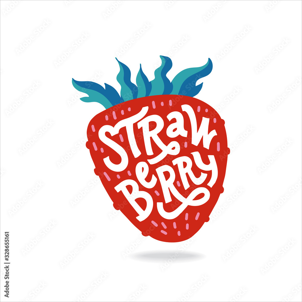 Strawberry Lettering- Hand-drawn vector flat cartoon illustration on an ...