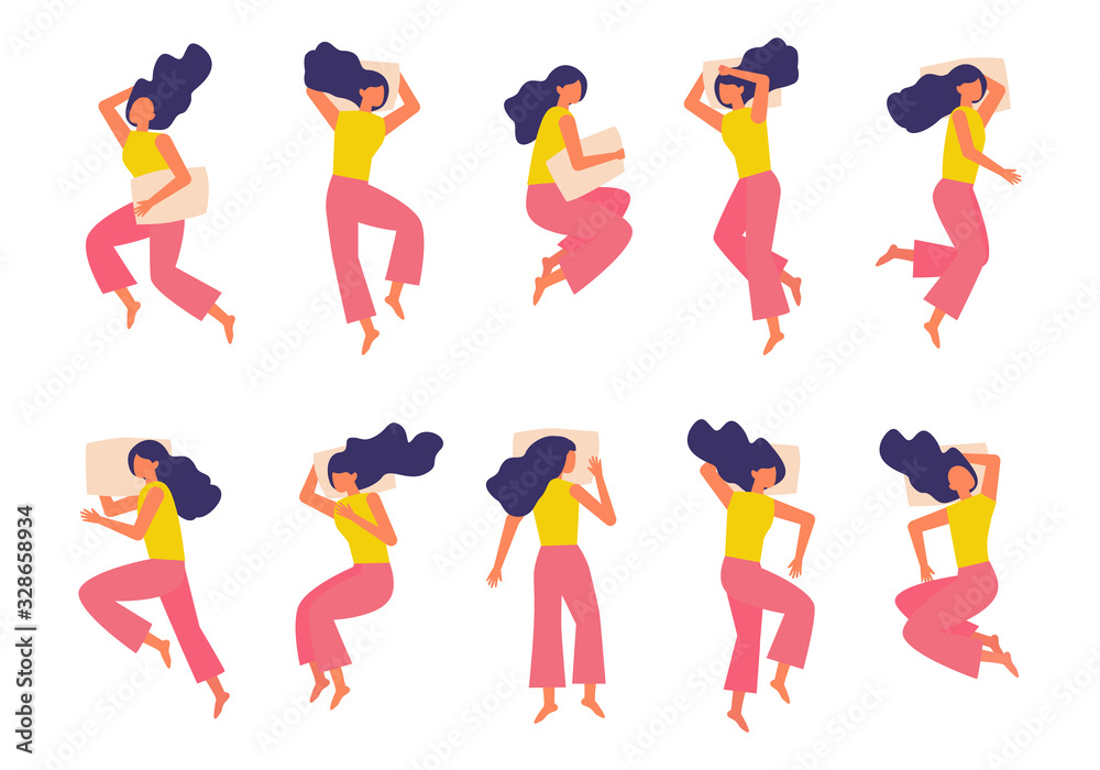 sleeping girls. woman relax position in bed female characters have a ...