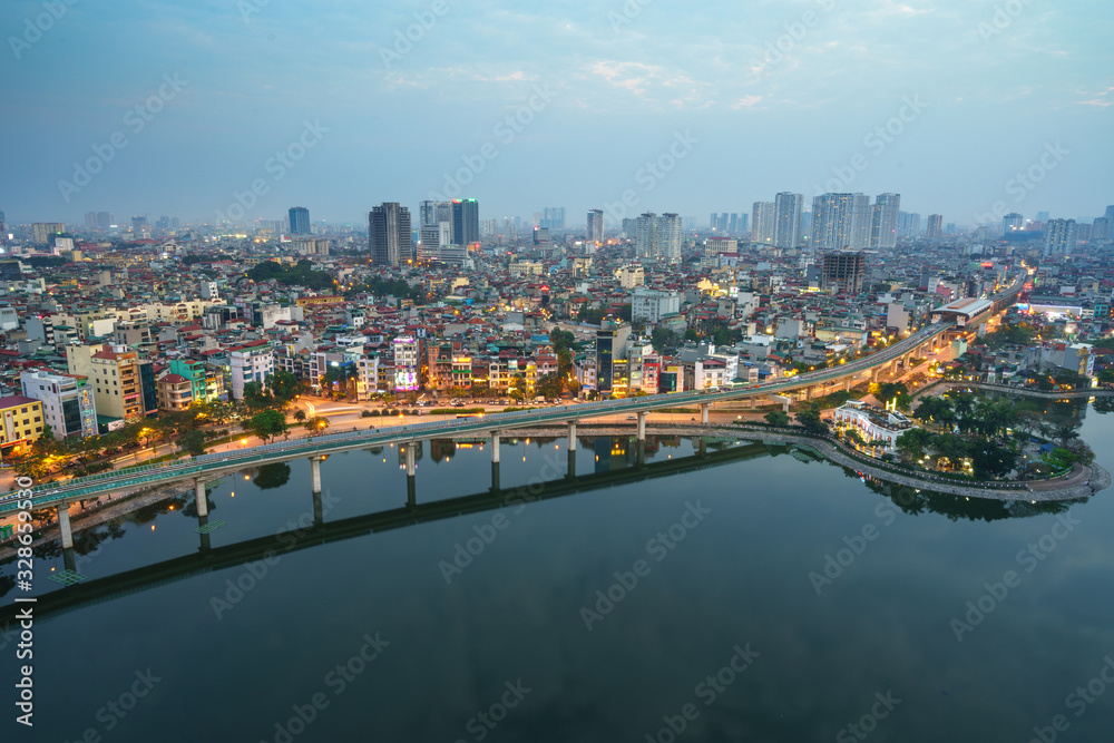 Aerial skyline view of Hanoi city, Vietnam. Hanoi cityscape by sunset ...