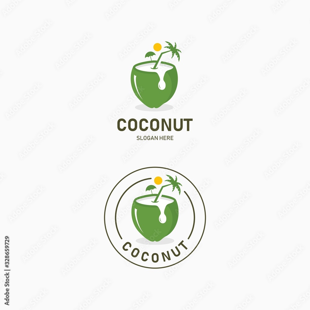 Coconut water drink logo design. Resort logo with beach and coconut ...